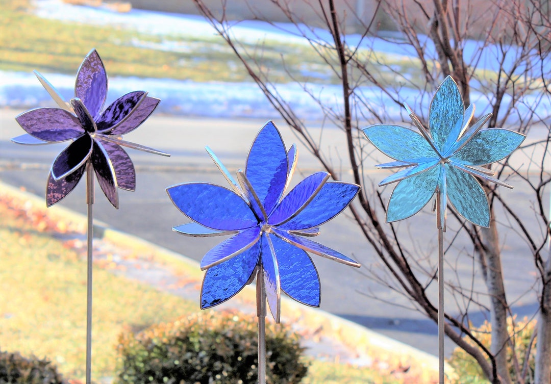 Set of 3 Stained Glass Flower Garden Stakes. Colorful Garden Decor. 6 ...