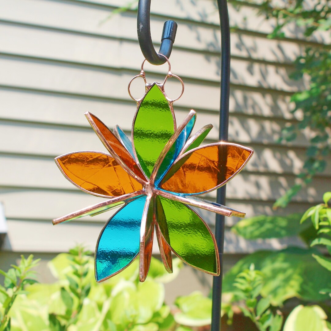 Stained Glass Flower Suncatcher – Hanging Moss Green + Amber + Blue ...