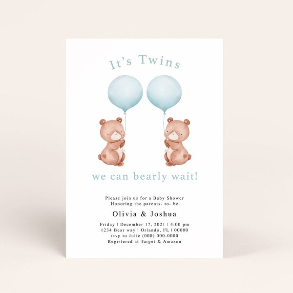 Twin Boys Baby Shower Invitation Template - Etsy