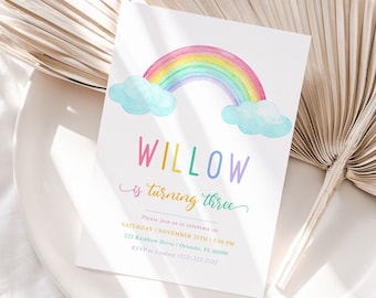 Customizable Rainbow Bright Birthday Invitation for Girls editable ...