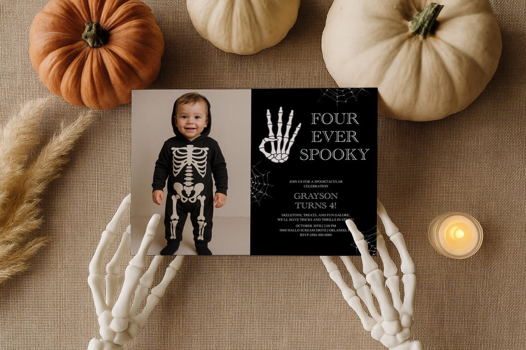 Four Ever Spooky Skeleton Photo Birthday Invitation: Halloween Party ...