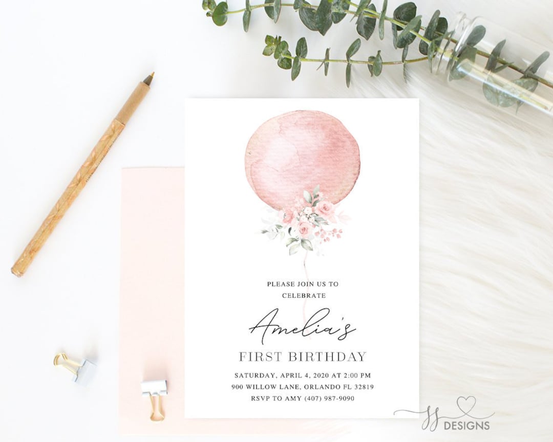 Pink First Birthday Balloon Invitation Template, Girl Birthday Floral ...