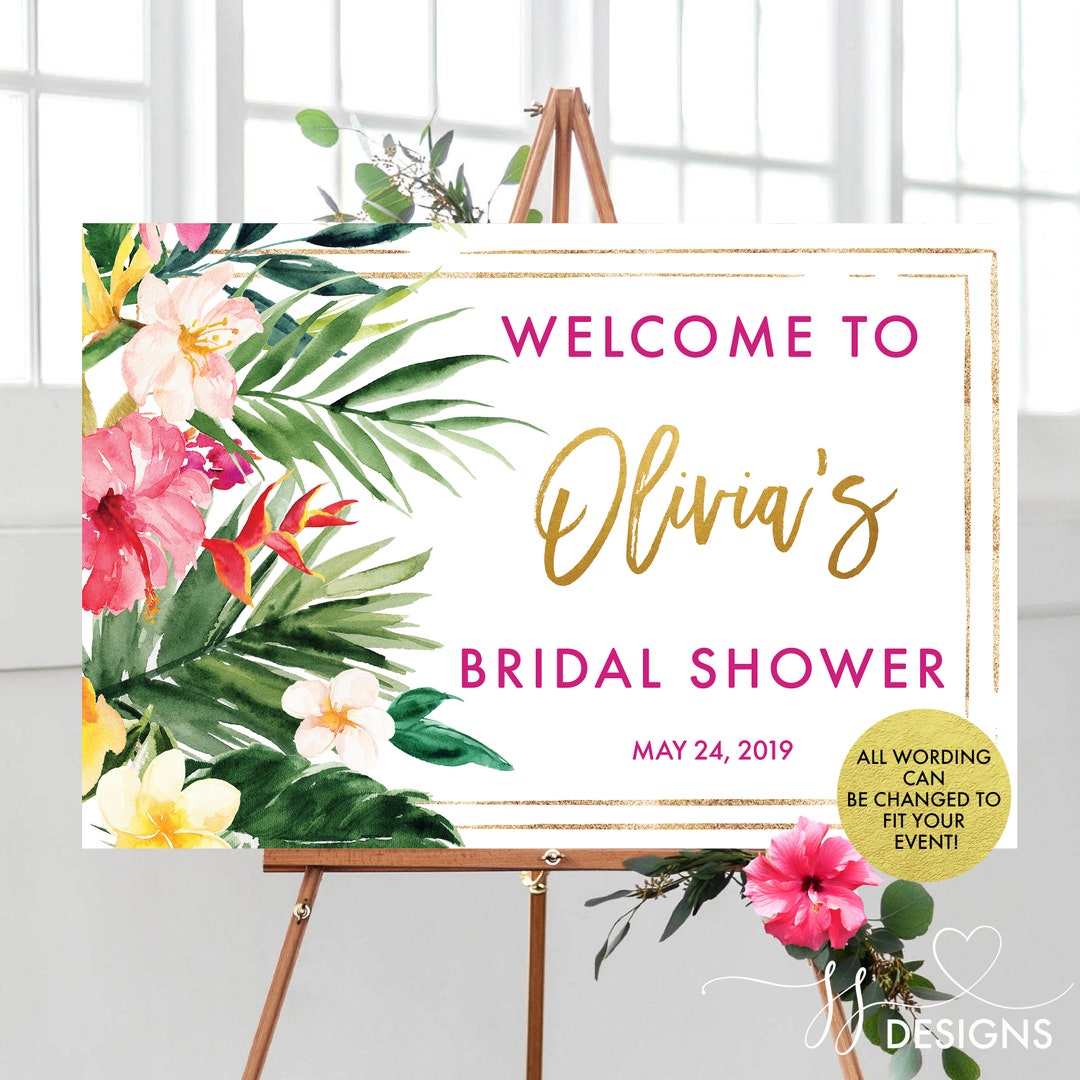 Tropical Bridal Shower Welcome Sign - Gold Script With Watercolor ...