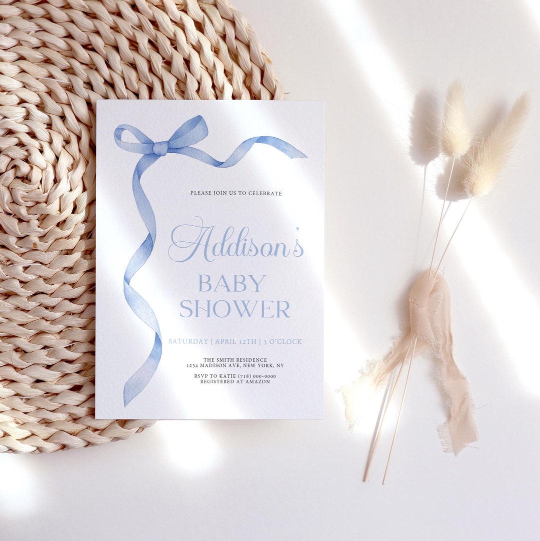 Elegant Blue Ribbon Baby Shower Invitation, Classic Printable Invite ...