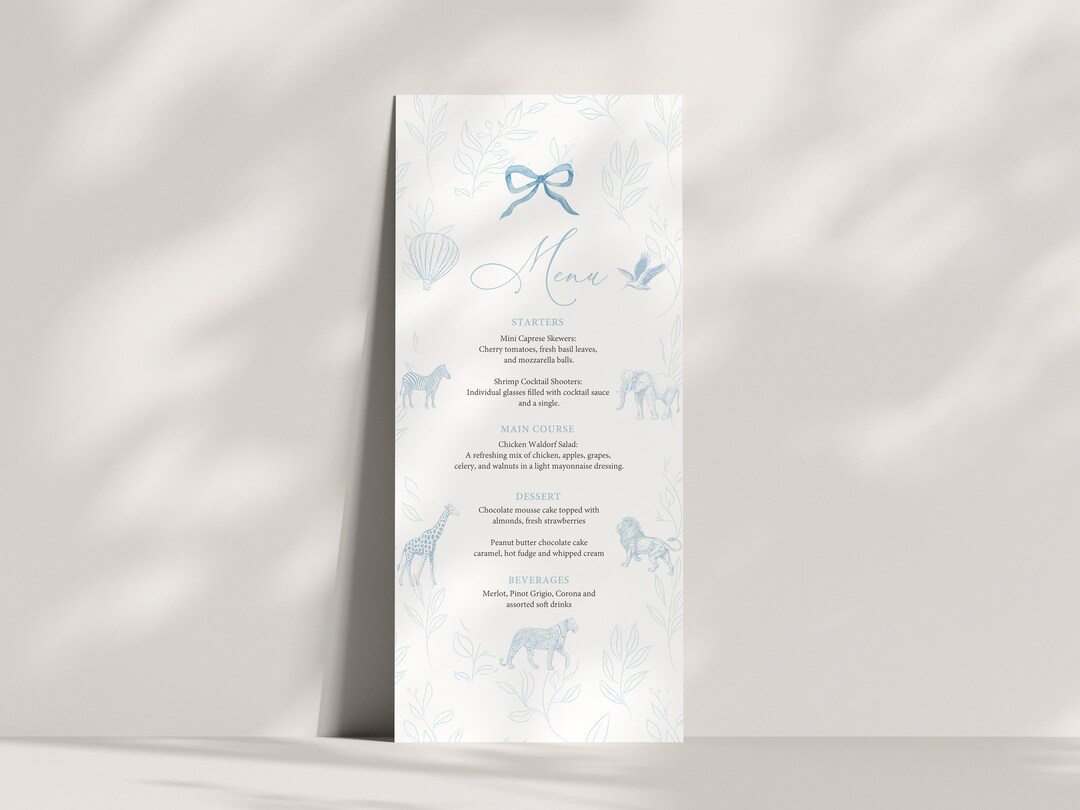 Blue Toile Safari-themed Menu, Elegant Baby Shower Menu, Vintage Safari ...