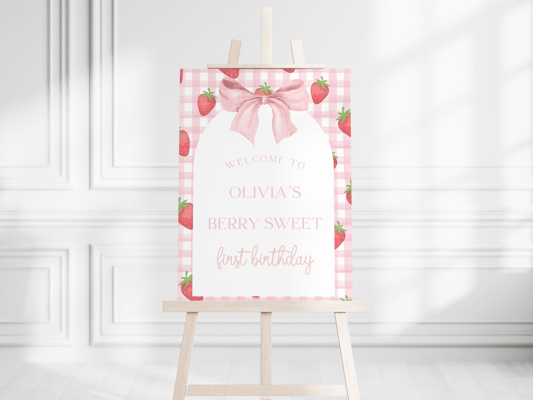 Berry Sweet Welcome Sign, Strawberry & Pink Gingham First Birthday ...
