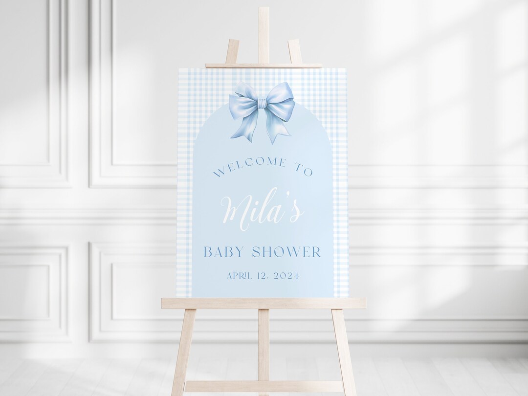 Baby Shower Blue Gingham Welcome Sign - Customizable 18x24 Entry Way ...