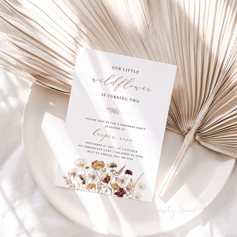 Wildflower Birthday Invitation, Editable Digital Template, Boho Floral ...