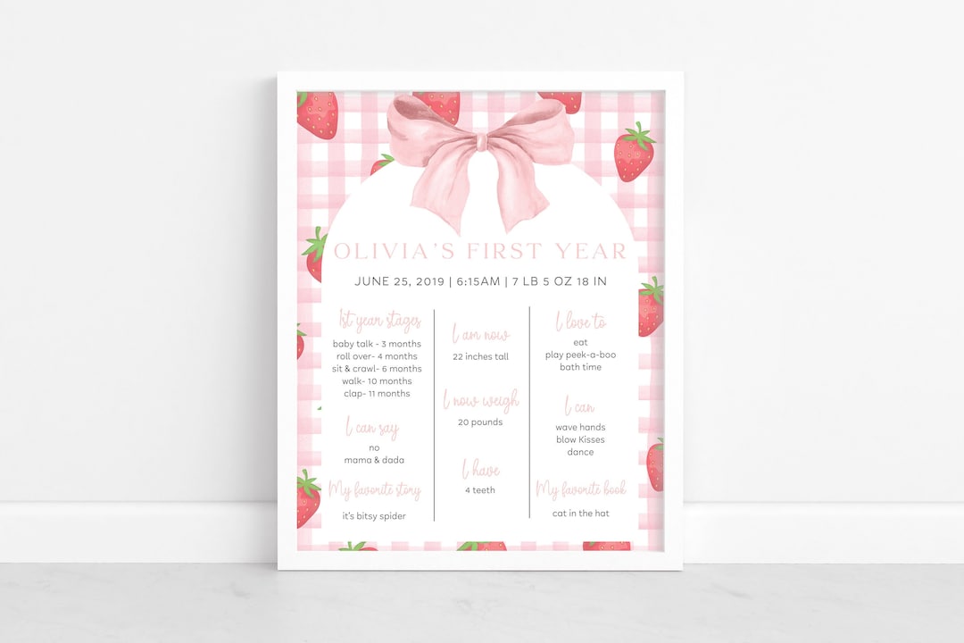 Editable First Birthday Milestone Poster, Pink Bow and Strawberry ...