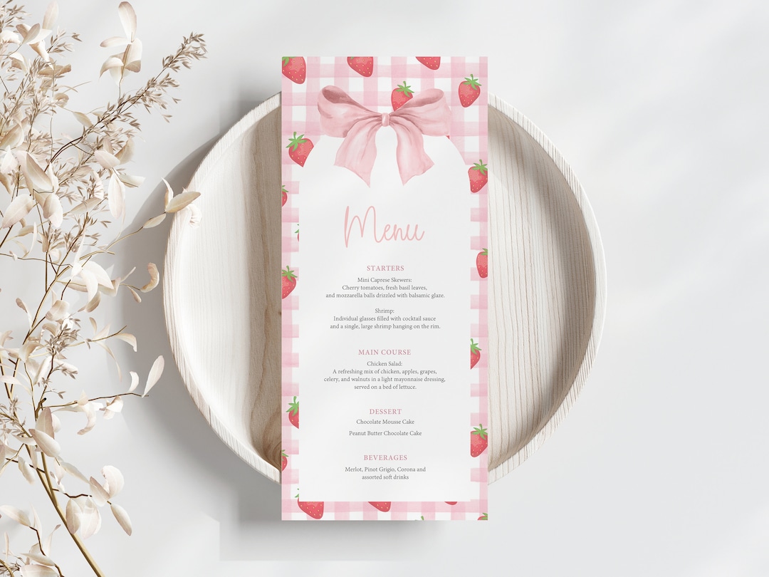 Strawberry Gingham Theme Menu Editable Template, Printable Custom Menu ...