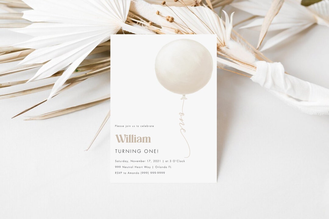 Neutral Balloon 1st Birthday Invite | Editable Instant Download ...
