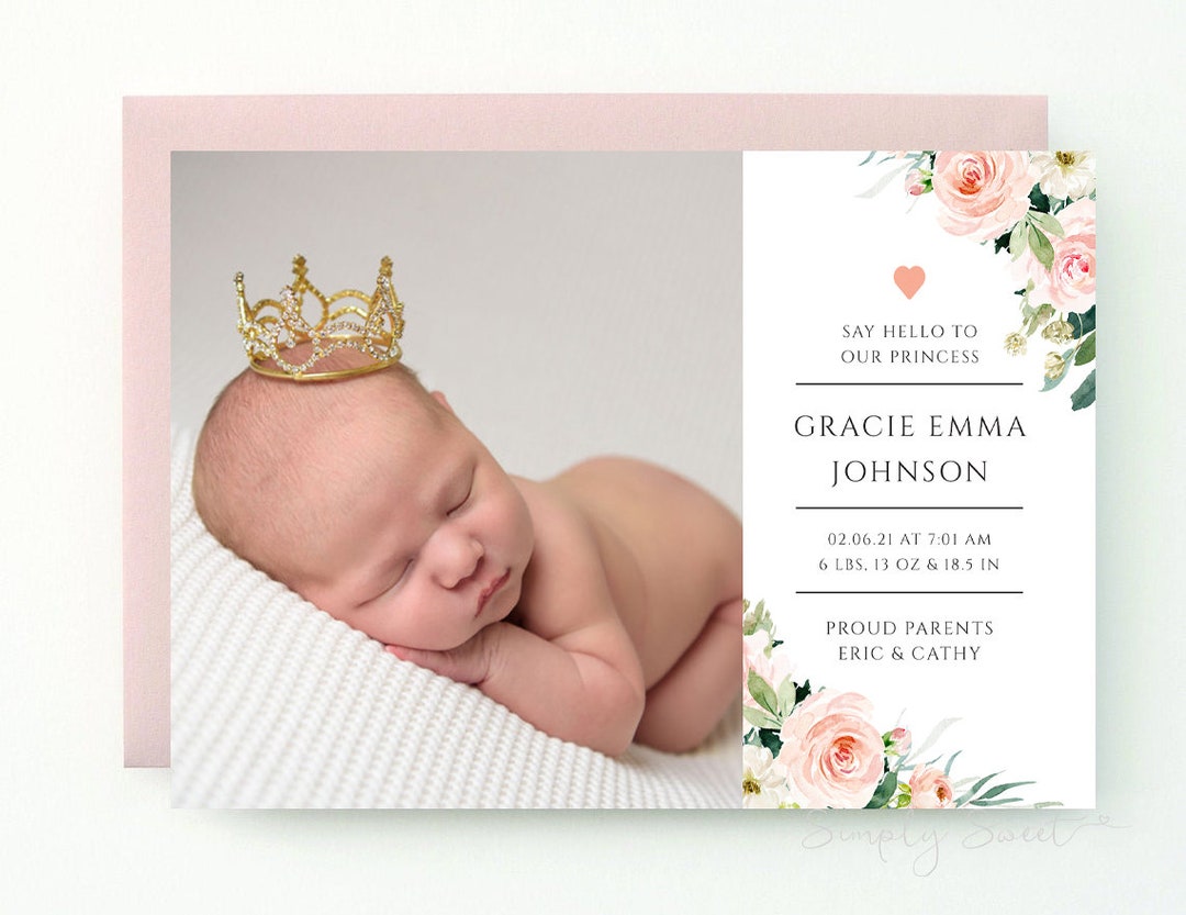 Blush Pink, Birth Announcement Template, Printable Photo Birth ...