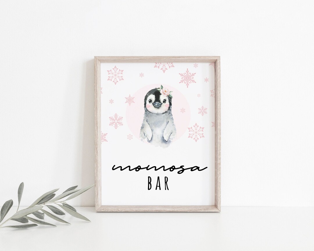 Girl Penguin Baby Shower Editable Table Sign Template Pink Snowflakes ...