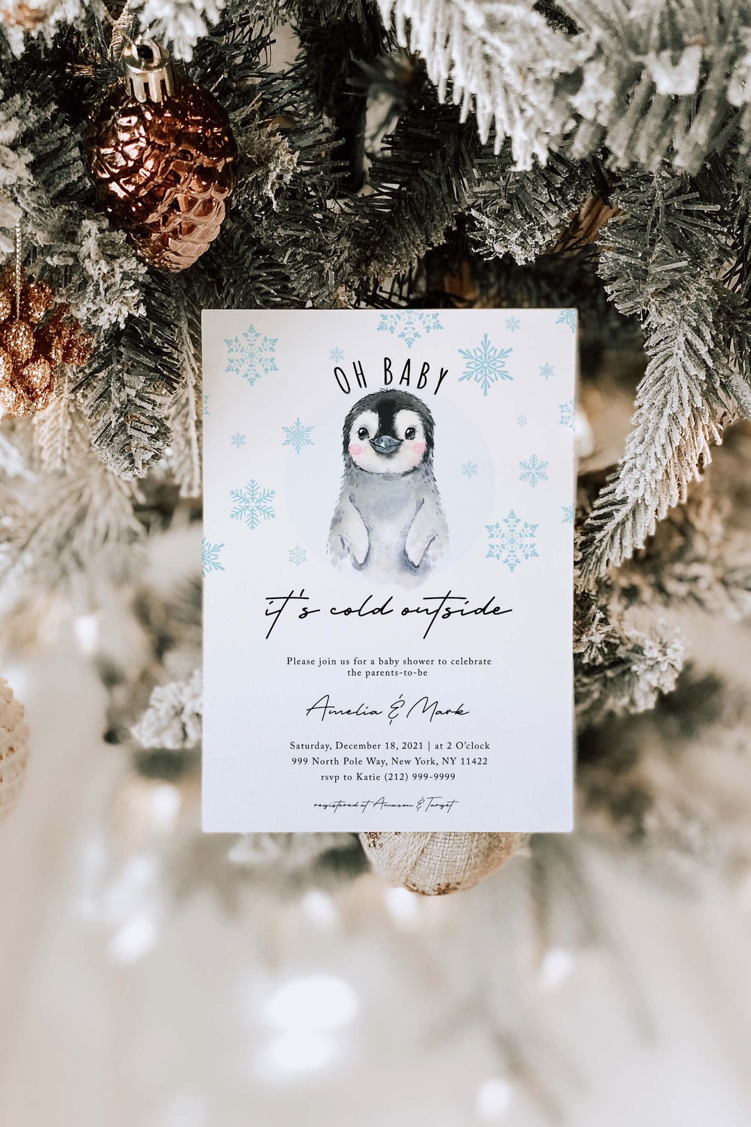 Penguin Baby Shower Editable Invitation Template, Penguin Snowflakes ...