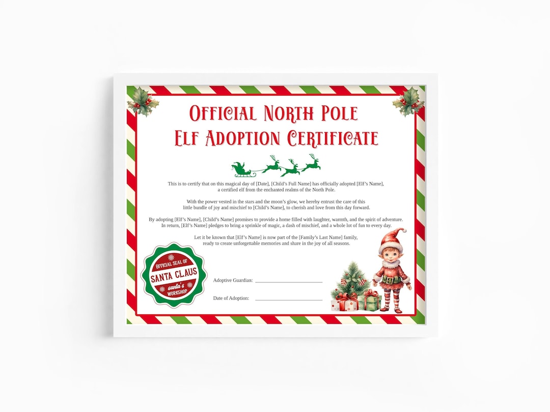 Editable Elf Adoption Certificate Template, DIY Christmas Elf Printable ...