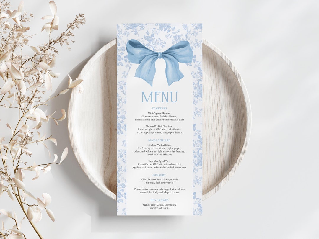 French Blue Floral Toile Menu Template: Elegant Wedding Design (digital ...