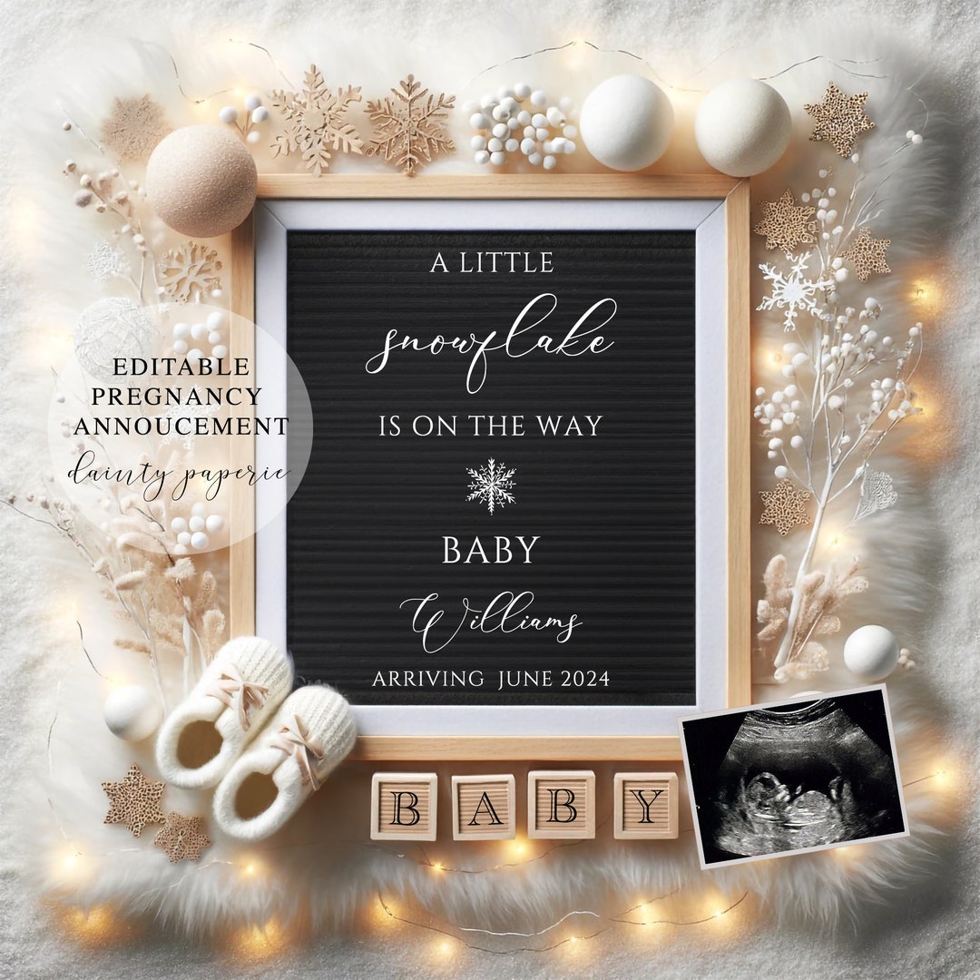Winter Baby Announcement Template, Snowflake Pregnancy Reveal, Editable ...