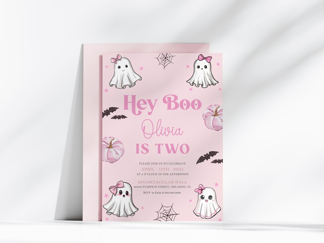 Editable Pink Ghost Birthday Invitation, Hey Boo Theme, Girl's ...