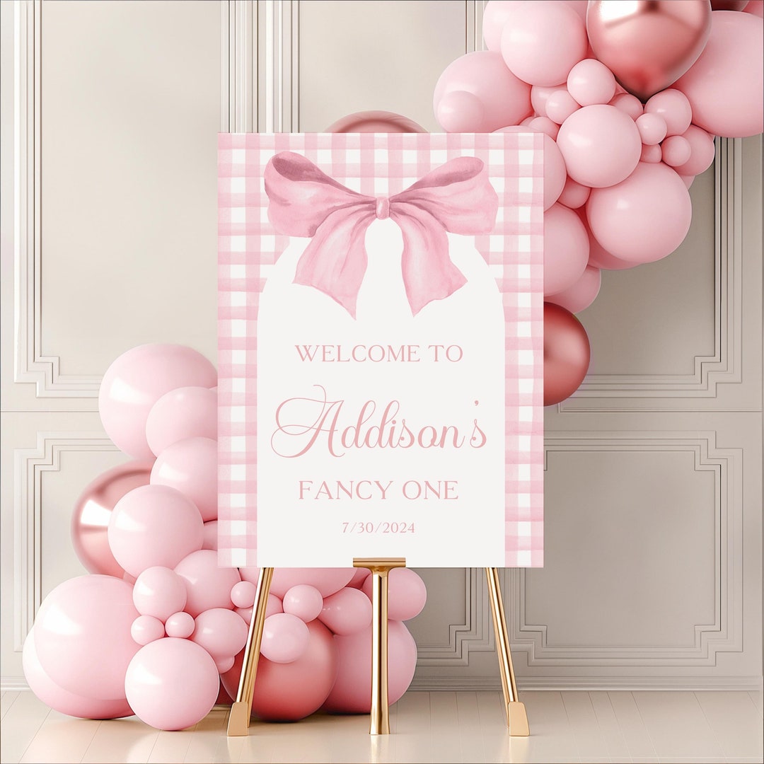 Pink Gingham Bow Welcome Entry Sign, Editable Template, Any Age or ...
