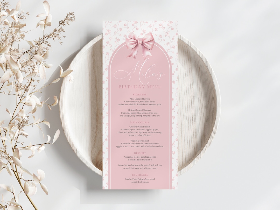 Editable First Birthday Menu Template - Love Shack Fancy Pink Toile ...
