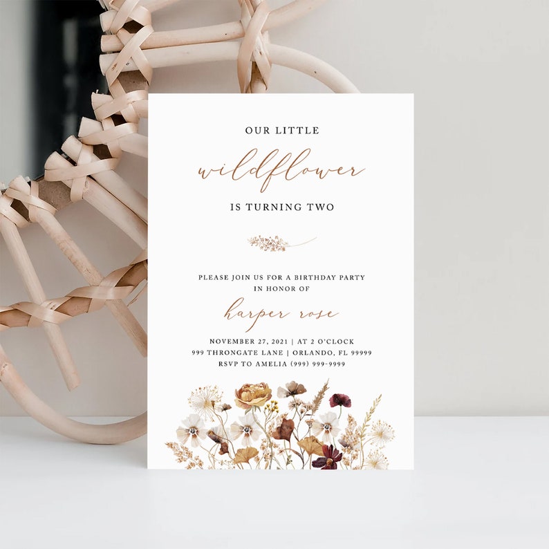 Wildflower Birthday Invitation, Editable Digital Template, Boho Floral ...