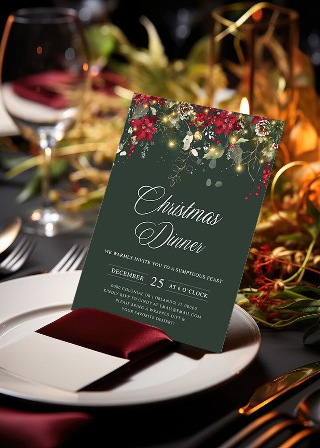 Elegant Christmas Dinner Invitation Printable, Festive Holiday Feast ...