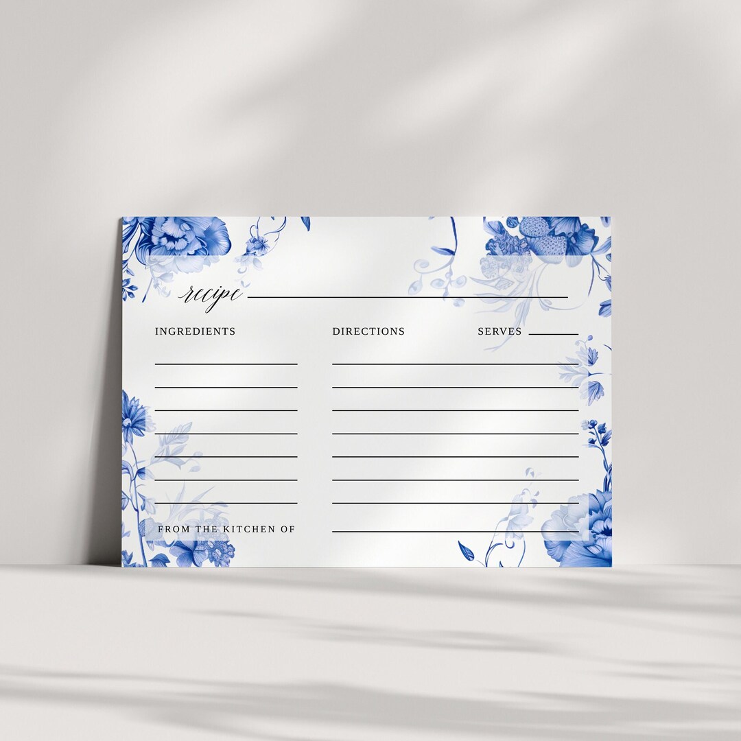 Customizable French Blue Chinoiserie Recipe Cards, Elegant Floral ...