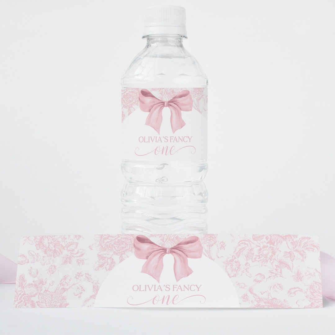 Pink Floral Toile Water Bottle Label, Pink Bow, Printable Editable ...