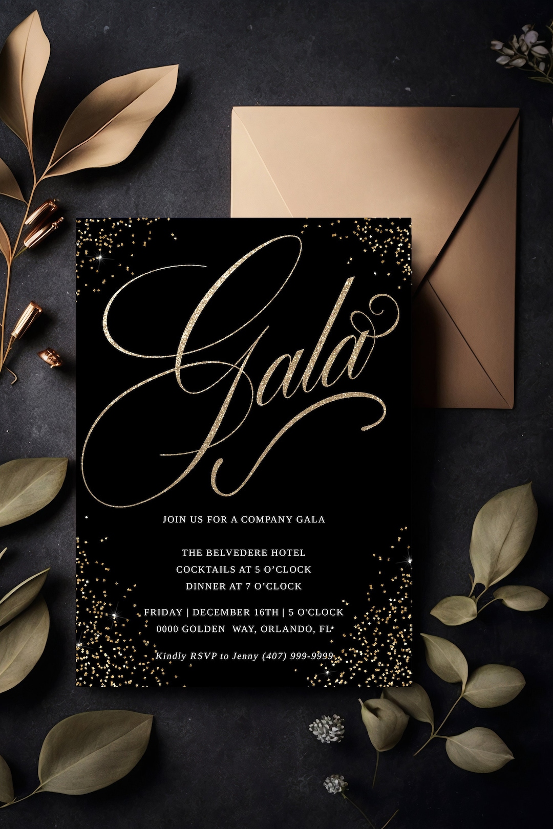 Luxurious Black and Gold Gala Invitation, Elegant Glitter Sparkle ...