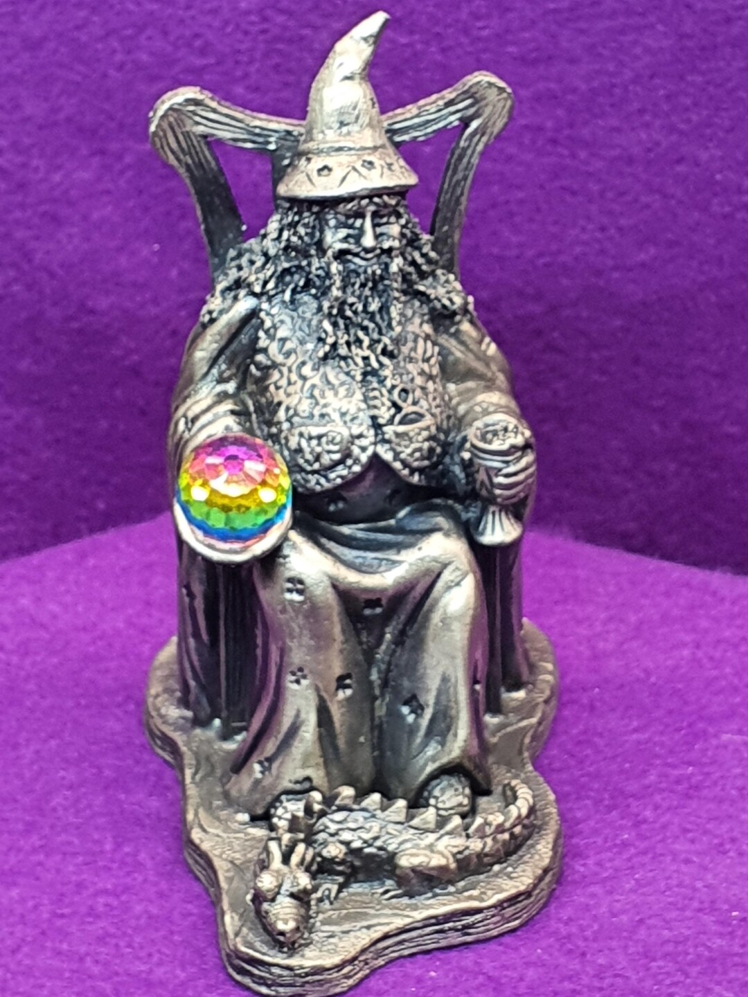 The Jovial Wizard Pewter Figurine With Rainbow Crystal Orb & Dragon ...