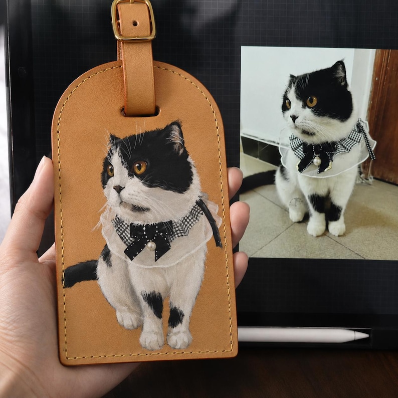Custom Pet Portrait Luggage Tag, Hand Painted Leather Dog Cat Bag Tag ...