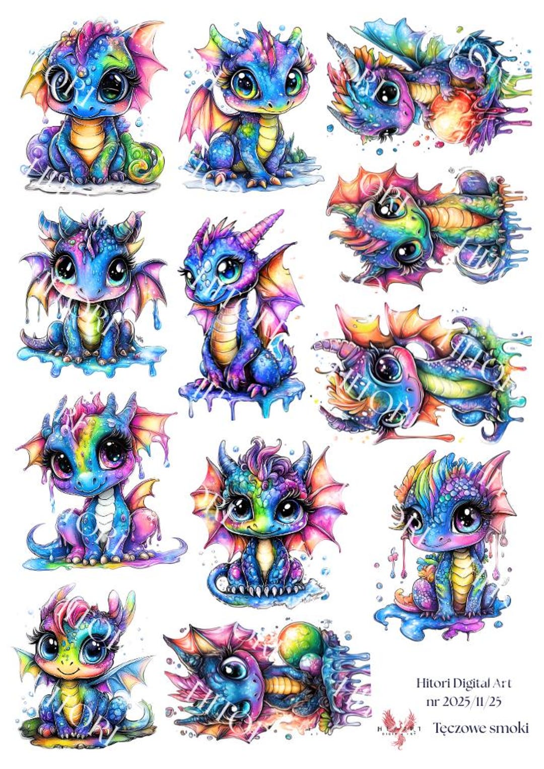 Rainbow Baby Dragons Clipart Set | Cute Fantasy Dragon PNG | 12 PNG + 1 ...