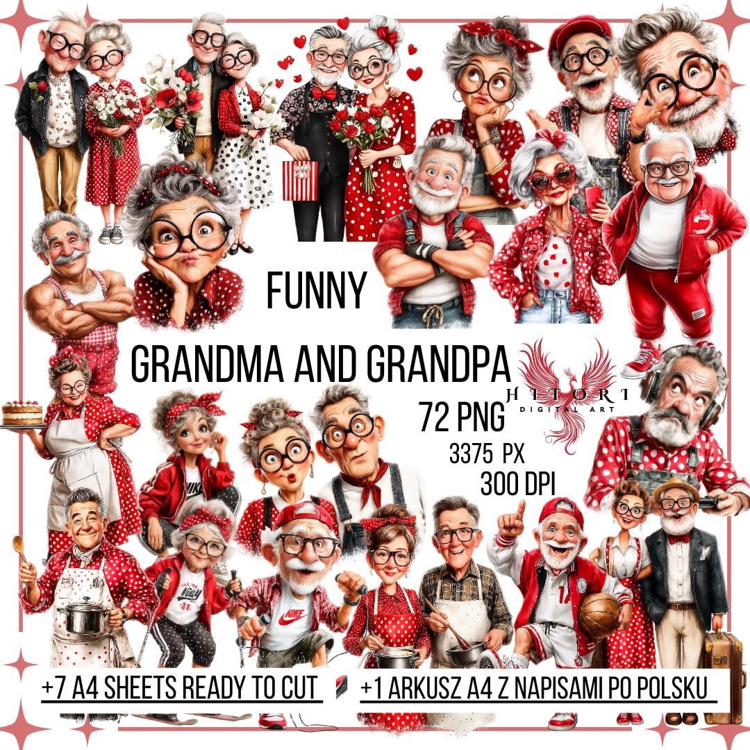 Funny Grandma and Grandpa (red) Clipart Bundle | Cute Grandparents ...
