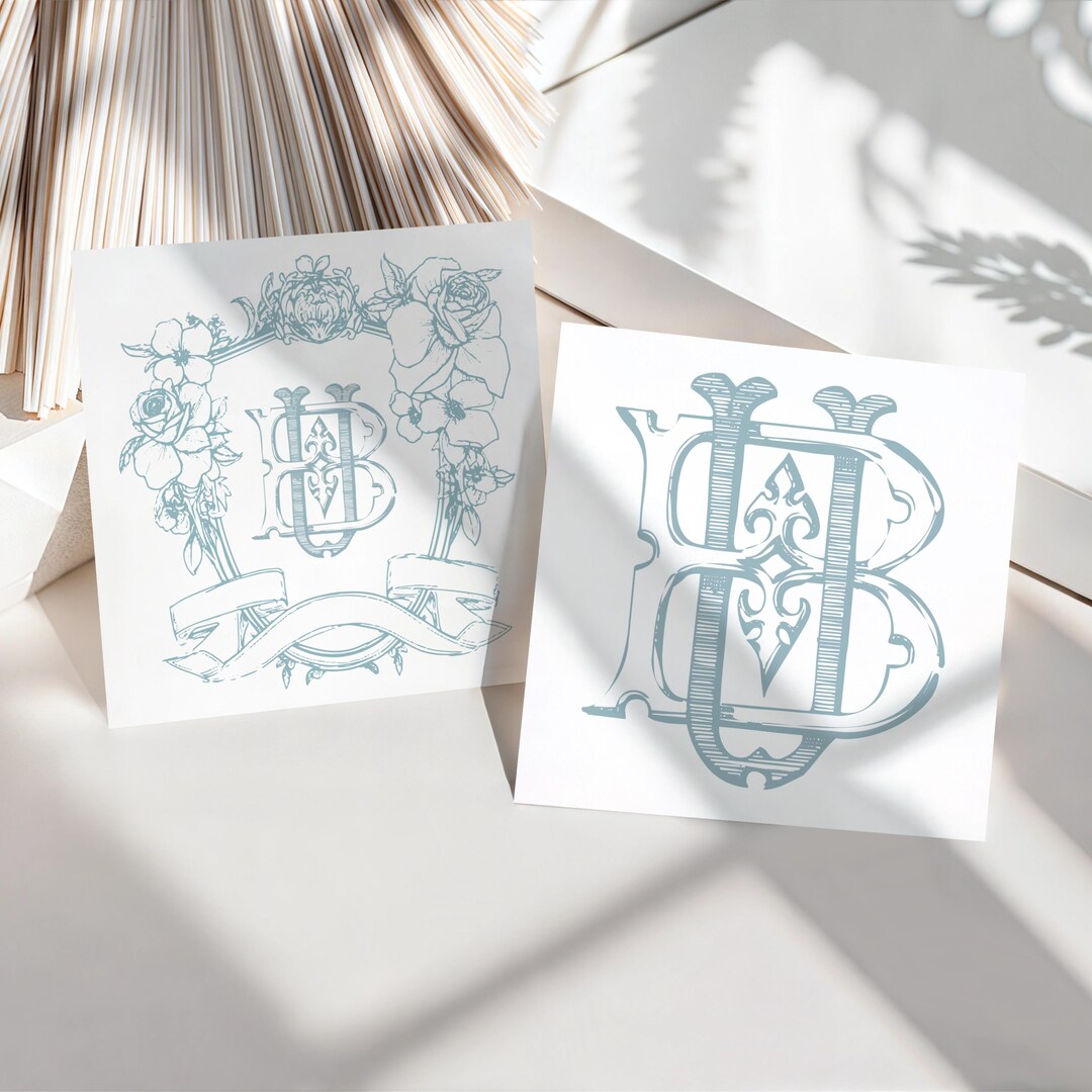 Vintage B-U Wedding Monogram, Hand Draw Initials Wedding Crest, Custom ...