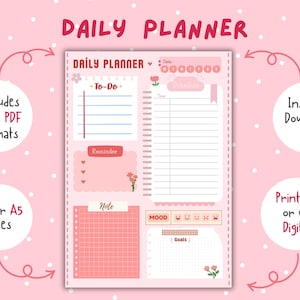 Pink Daily Planner | Kawaii Digital Journal | Printable Cute Schedule ...