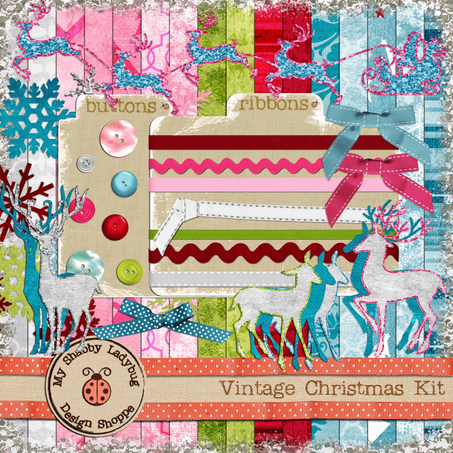 HUGE Digital Mega Kit! Ribbons, Snowflakes, 16 12x12 Textured Papers ...