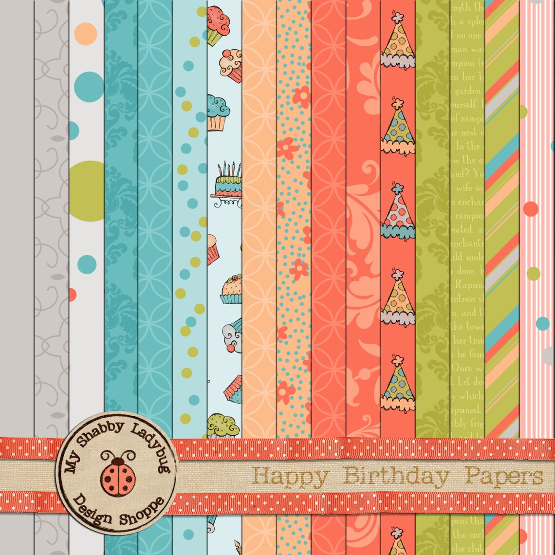 Happy Birthday Digital Scrapbook Paper Pink, Blue, Green, Gray INSTANT ...