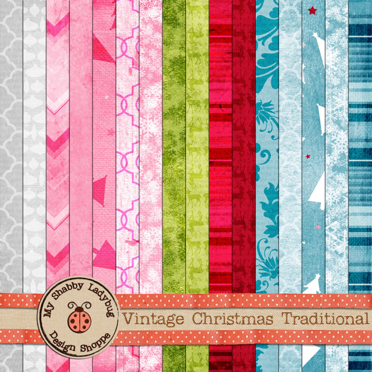 HUGE Digital Mega Kit! Ribbons, Snowflakes, 16 12x12 Textured Papers ...