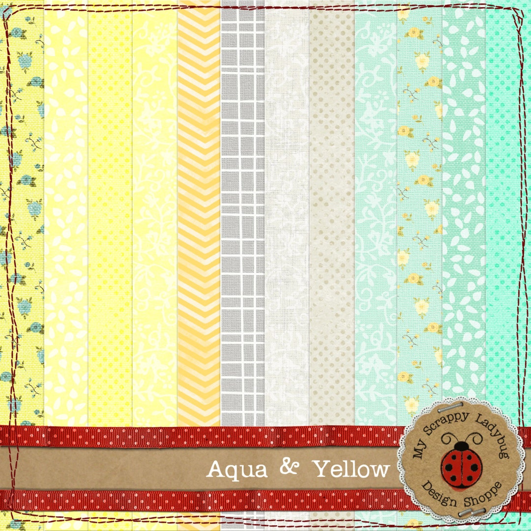 Aqua and Yellow Floral Digital Textured Scrapbook Paper. 12x12" 300 DPI ...