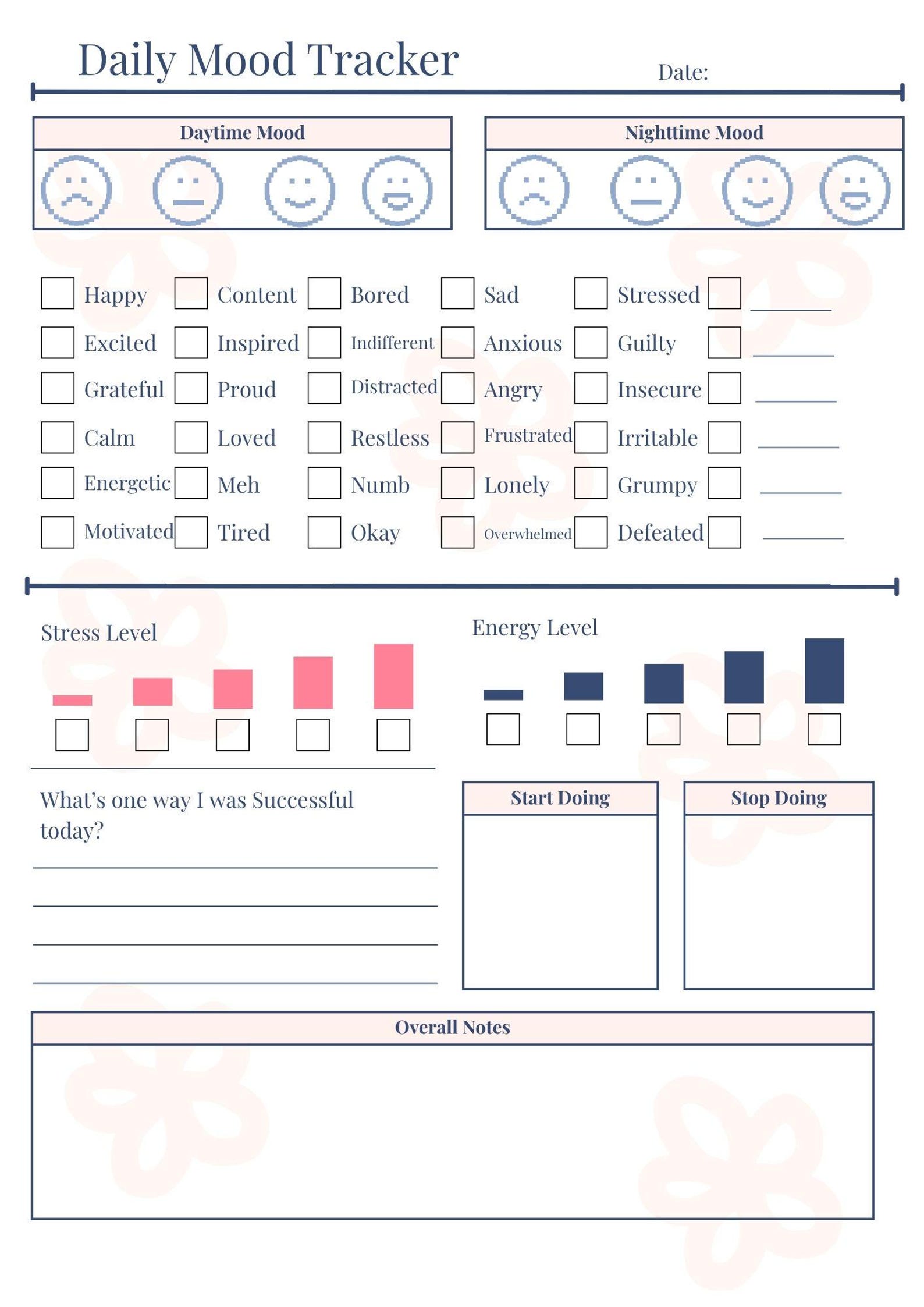 Printable Mood Tracker | Daily Emotion Log | Mental Health & Self-care ...