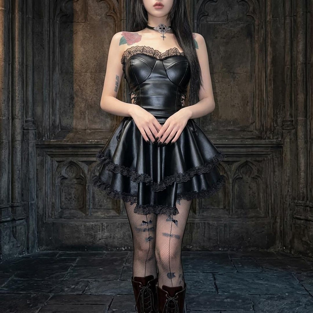 Gothic Black Mini Dress Lace Trim Corset Dress E Girl Outfit High Waist ...