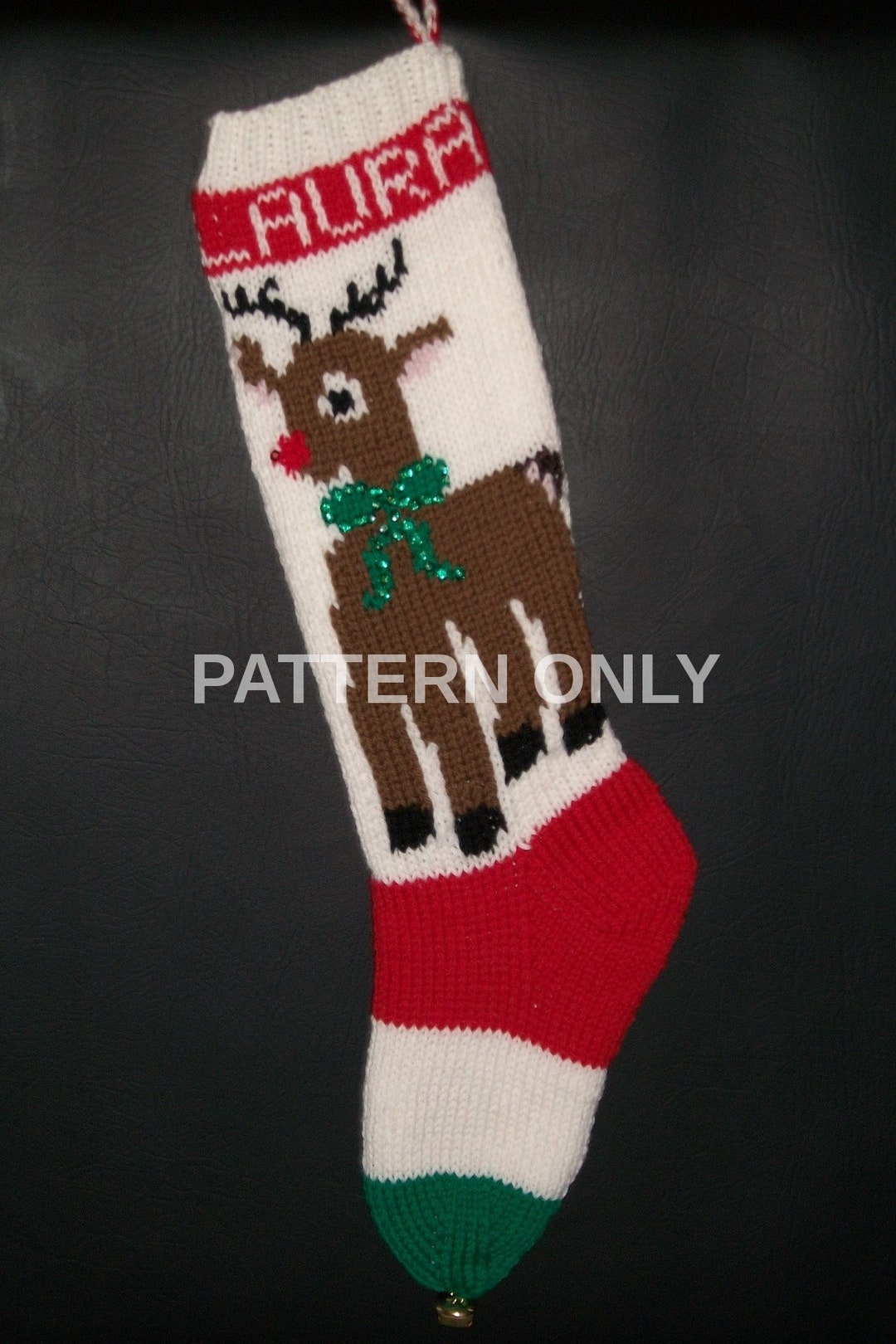 PRINTED Pattern Only Hand Knitted Reindeer With Bow Christmas Stocking ...