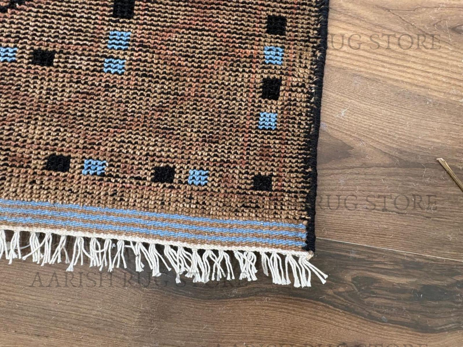 Hand Knotted Copper Wool Rug With Blue Geometric Octagon Pattern Modern ...