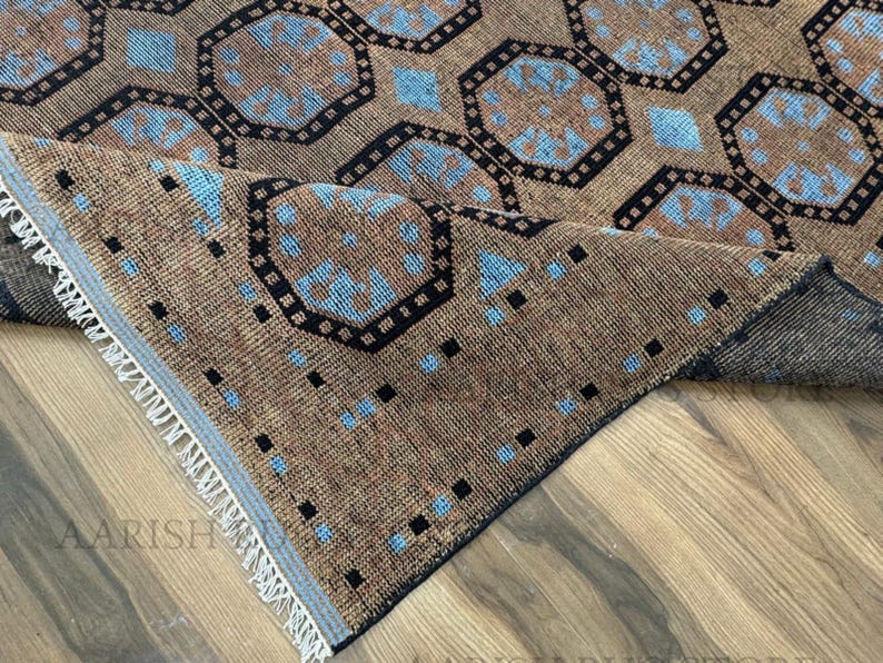 Hand Knotted Copper Wool Rug With Blue Geometric Octagon Pattern Modern ...