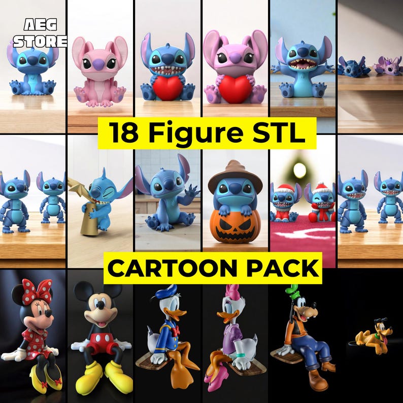 Cartoonfiguur STL-pakket, Stitch, Mickey, Donald Duck 3D-modellen (18 ...