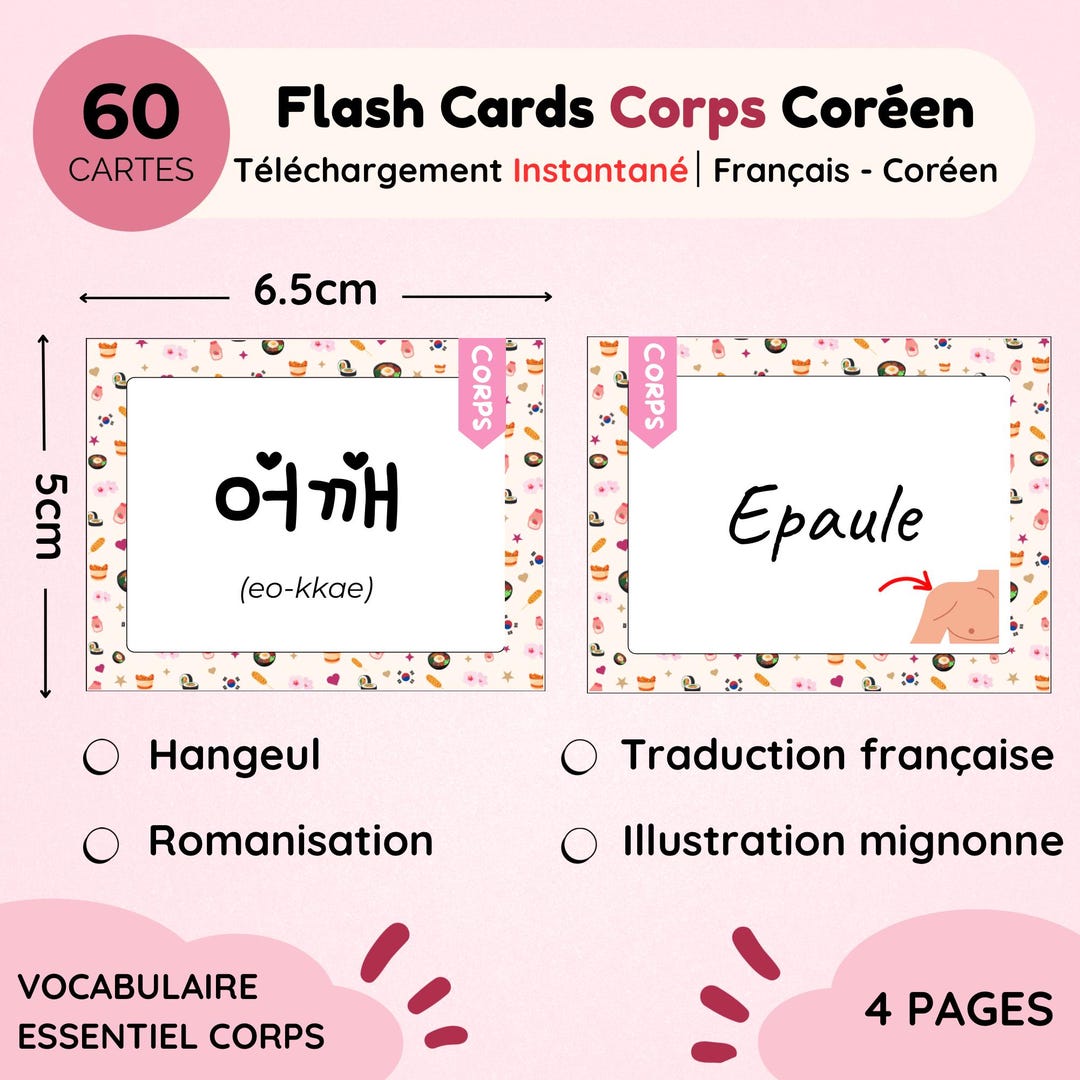 60 Flashcards: Body Parts (korean/french) Learn Korean Online Printable ...