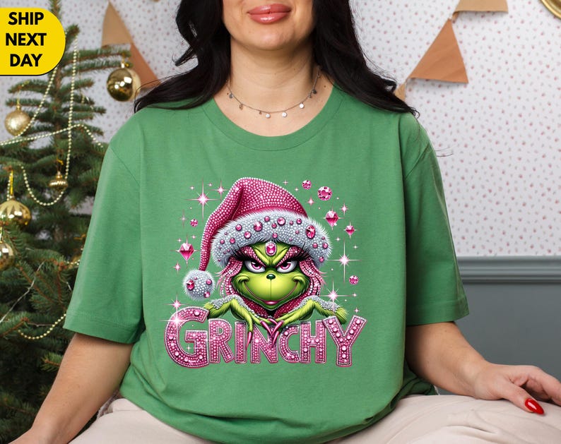 Pink Bling Grinch Shirt,sparkly Christmas Tee for Women,funny Holiday ...