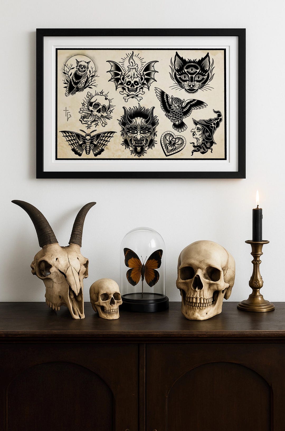 Traditional Dark Vintage Tattoo Flash Sheet: Vintage Gothic Decor ...
