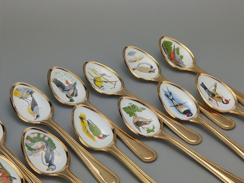 Vintage Spink Gold Plated Enamel Spoons With Birds Set of 12 Sheffield ...