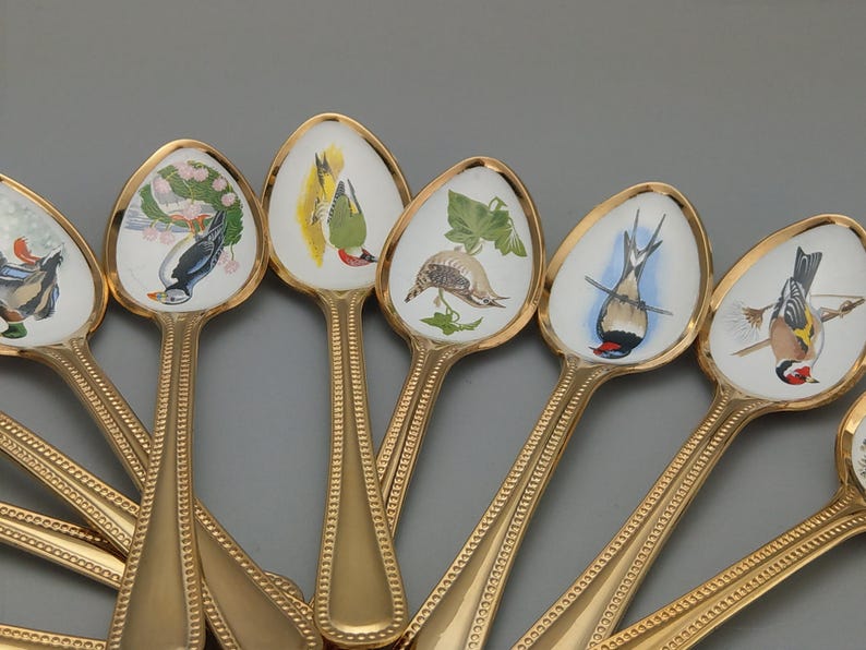 Vintage Spink Gold Plated Enamel Spoons With Birds Set of 12 Sheffield ...